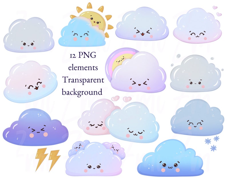 Cute Kawaii Weather Clipart, Sun Clouds Rainbow PNG, Blue Cloud Image ...