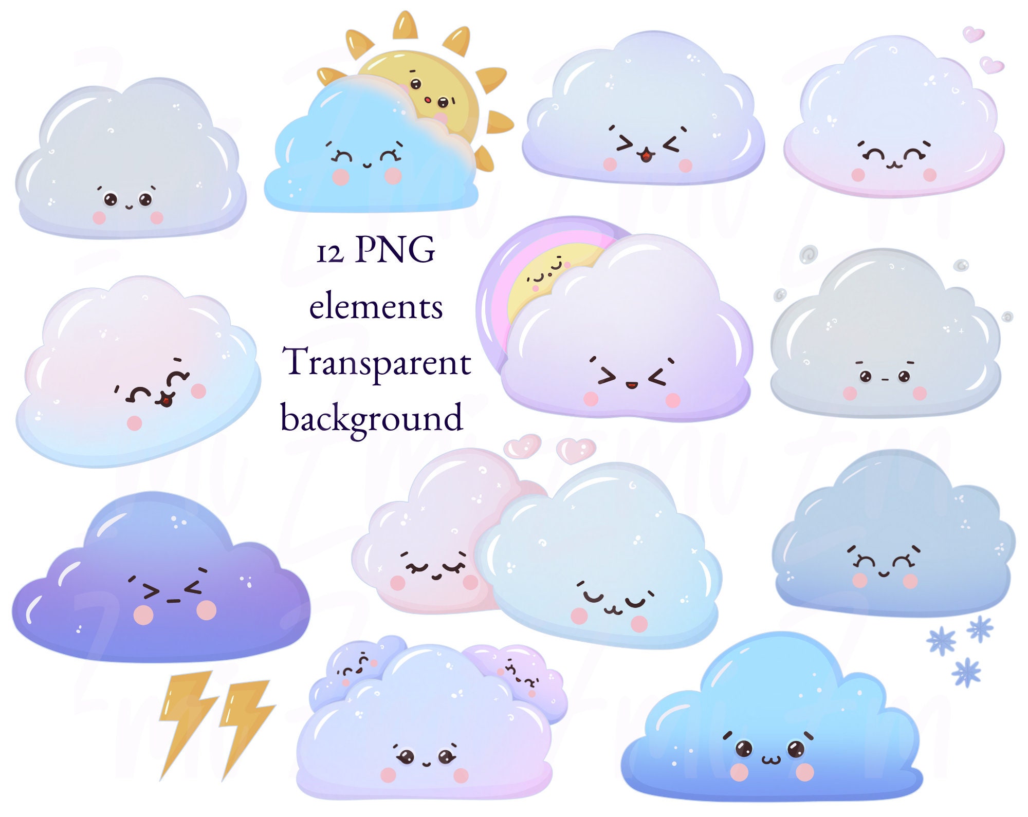 Cute Kawaii Weather Clipart, Sun Clouds Rainbow PNG, Blue Cloud Image ...