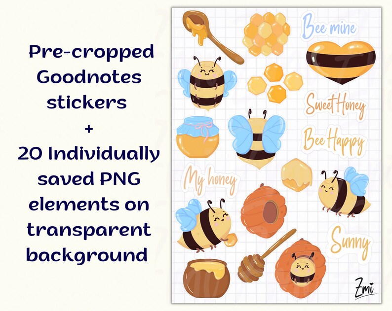 Honey Bee Digital Sticker Pack, Cute Bee Precropped Goodnotes ...