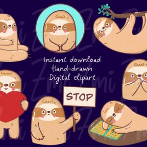 Cute Kawaii Sloth Clipart, Character Animals Png, Doodle Cartoon Sloth ...