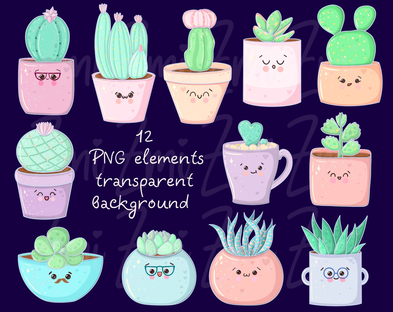 Cactus Clipart, Kawaii Clipart, Succulent Clipart Instant Download Set ...
