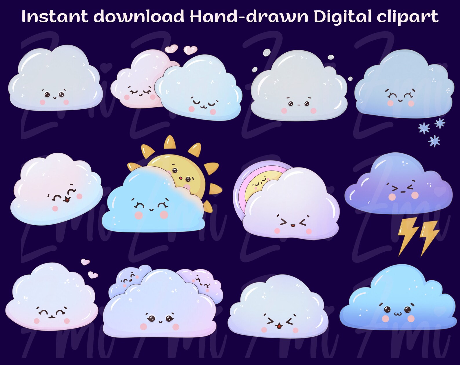 Cute Kawaii Weather Clipart, Sun Clouds Rainbow PNG, Blue Cloud Image ...