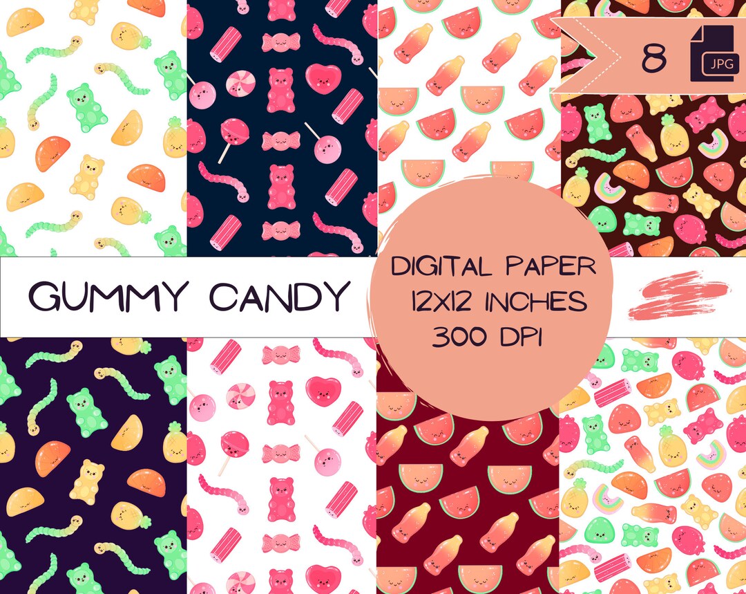 Cute Gummy Digital Paper, Kawaii Gummi Bears Background, Fruits Berries ...