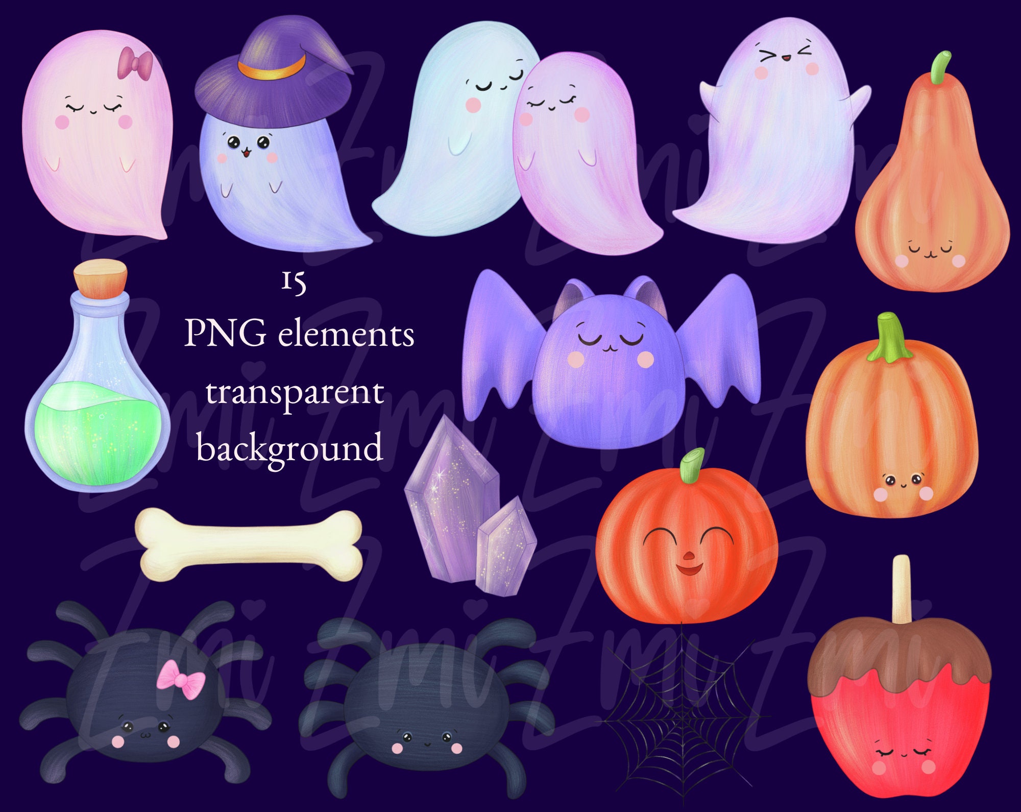 Halloween Clipart, Kawaii Halloween PNG, Cute Ghost, Pumpkin, Spider ...