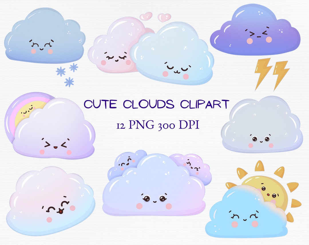 Cute Kawaii Weather Clipart, Sun Clouds Rainbow PNG, Blue Cloud Image ...