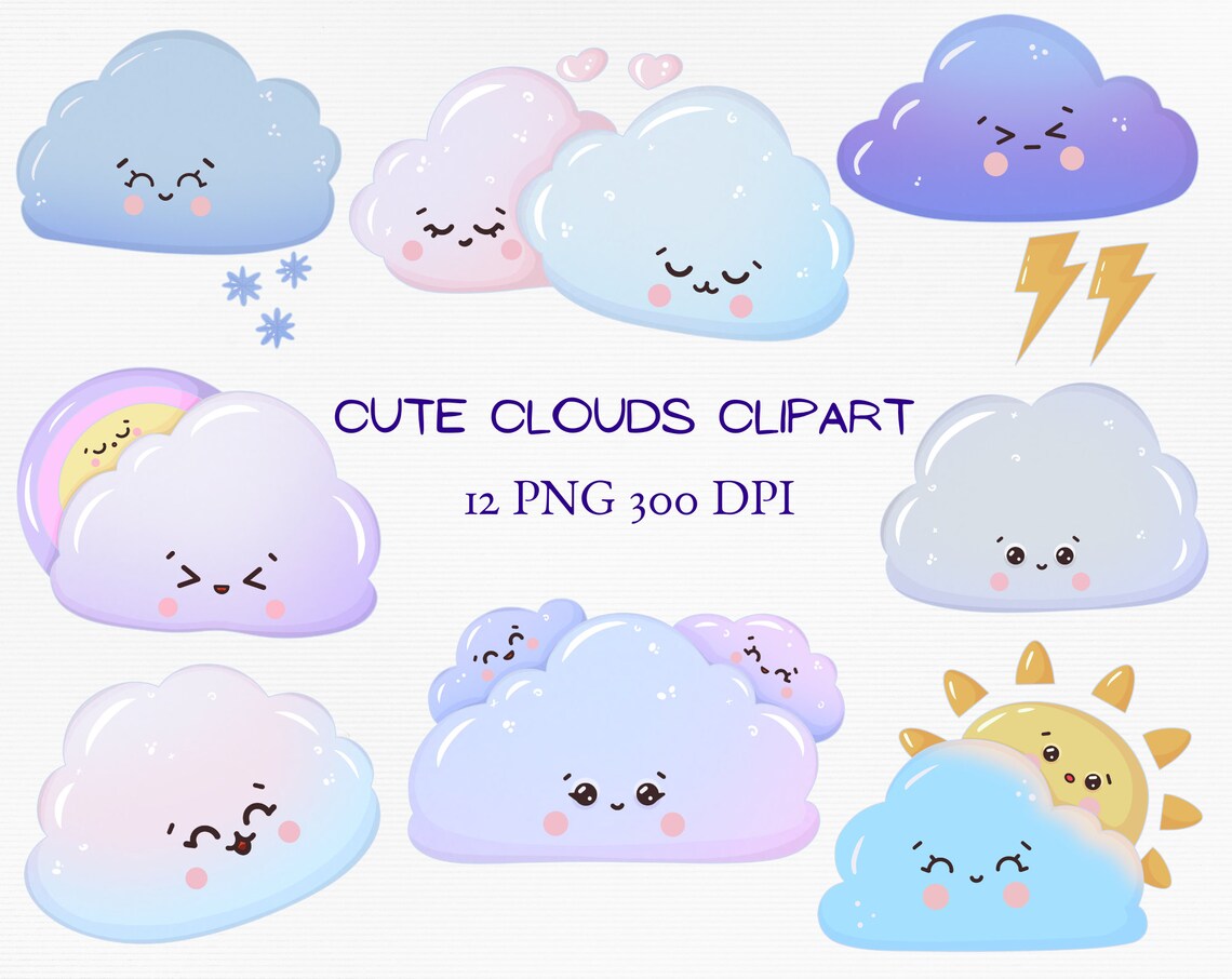 Cute Kawaii Weather Clipart, Sun Clouds Rainbow PNG, Blue Cloud Image ...