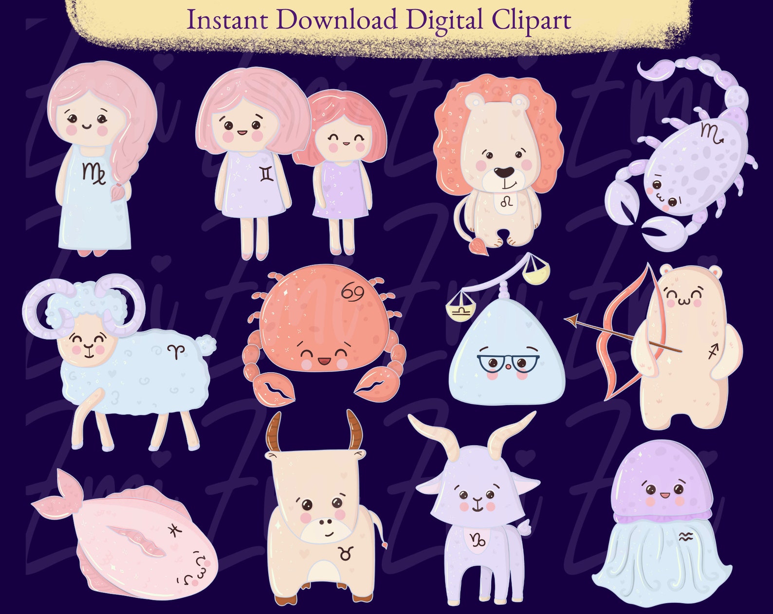 Cute Zodiac Clipart | Kawaii Zodiac Sign PNG Bundle | Printable ...