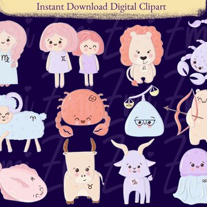 Cute Zodiac Clipart | Kawaii Zodiac Sign PNG Bundle | Printable ...