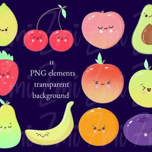 Kawaii Cute Fruit Clipart, Cherry Png, Banana, Strawberry, Apple ...