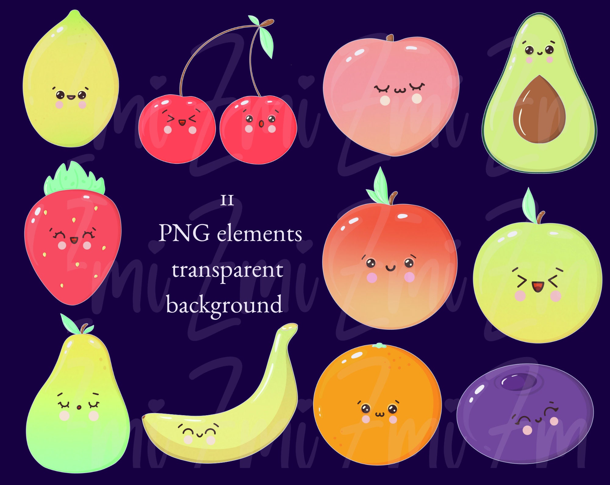 Kawaii Cute Fruit Clipart Cherry Png Banana Strawberry - Etsy