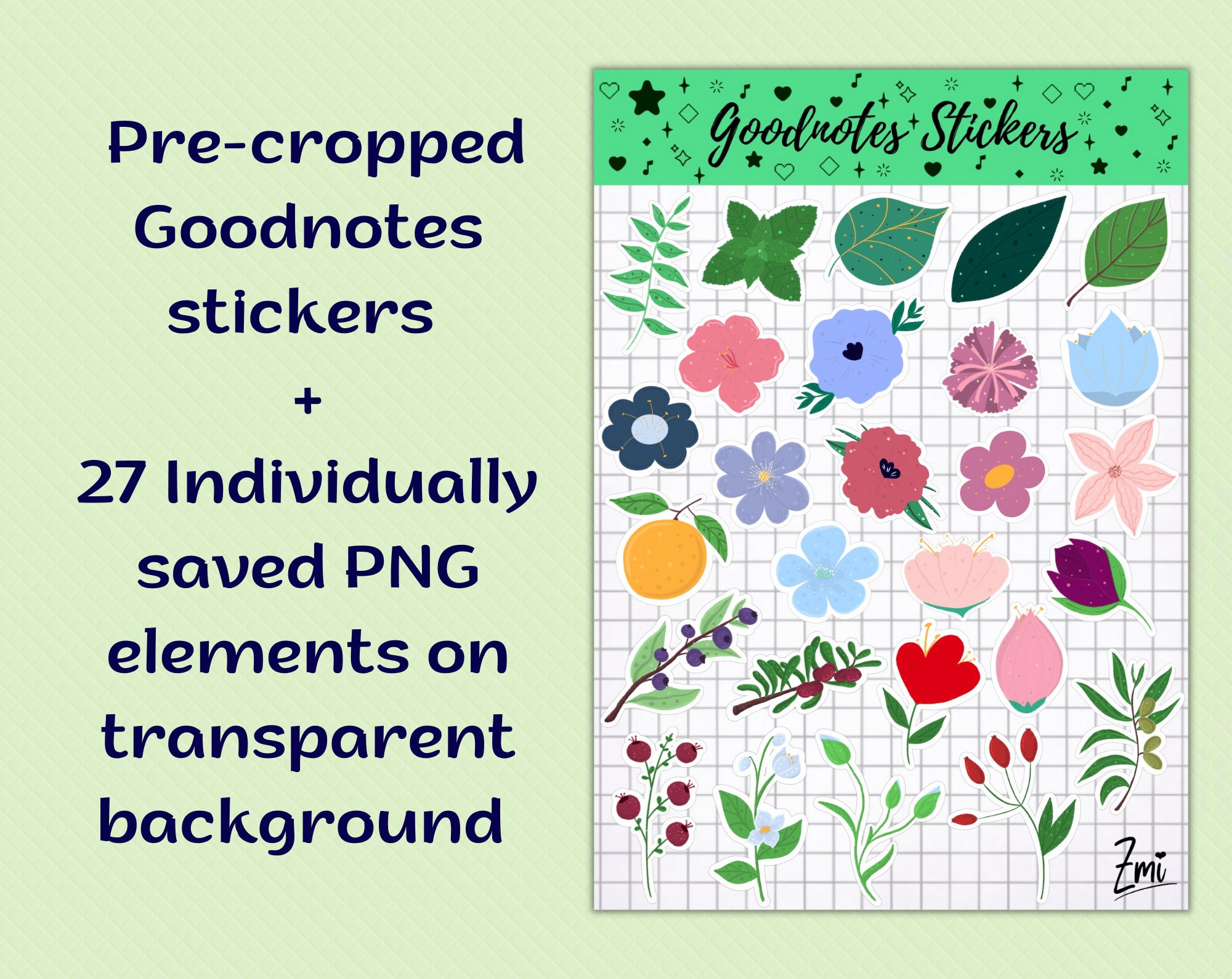 Botanical Flower Digital Sticker Pack Png for Goodnotes Planner ...