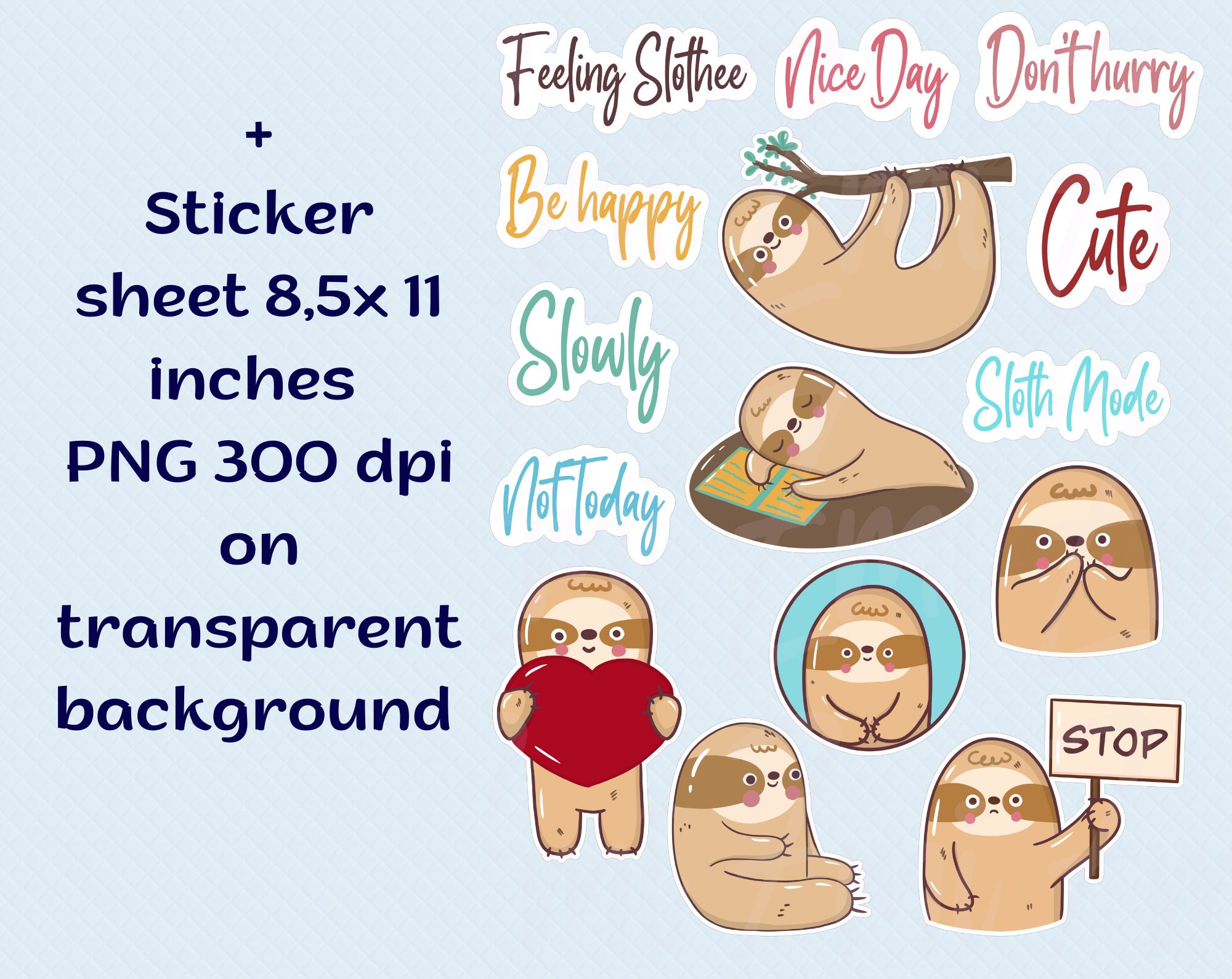Kawaii Sloth Png Digital Sticker Pack Goodnotes, Precropped Funny ...
