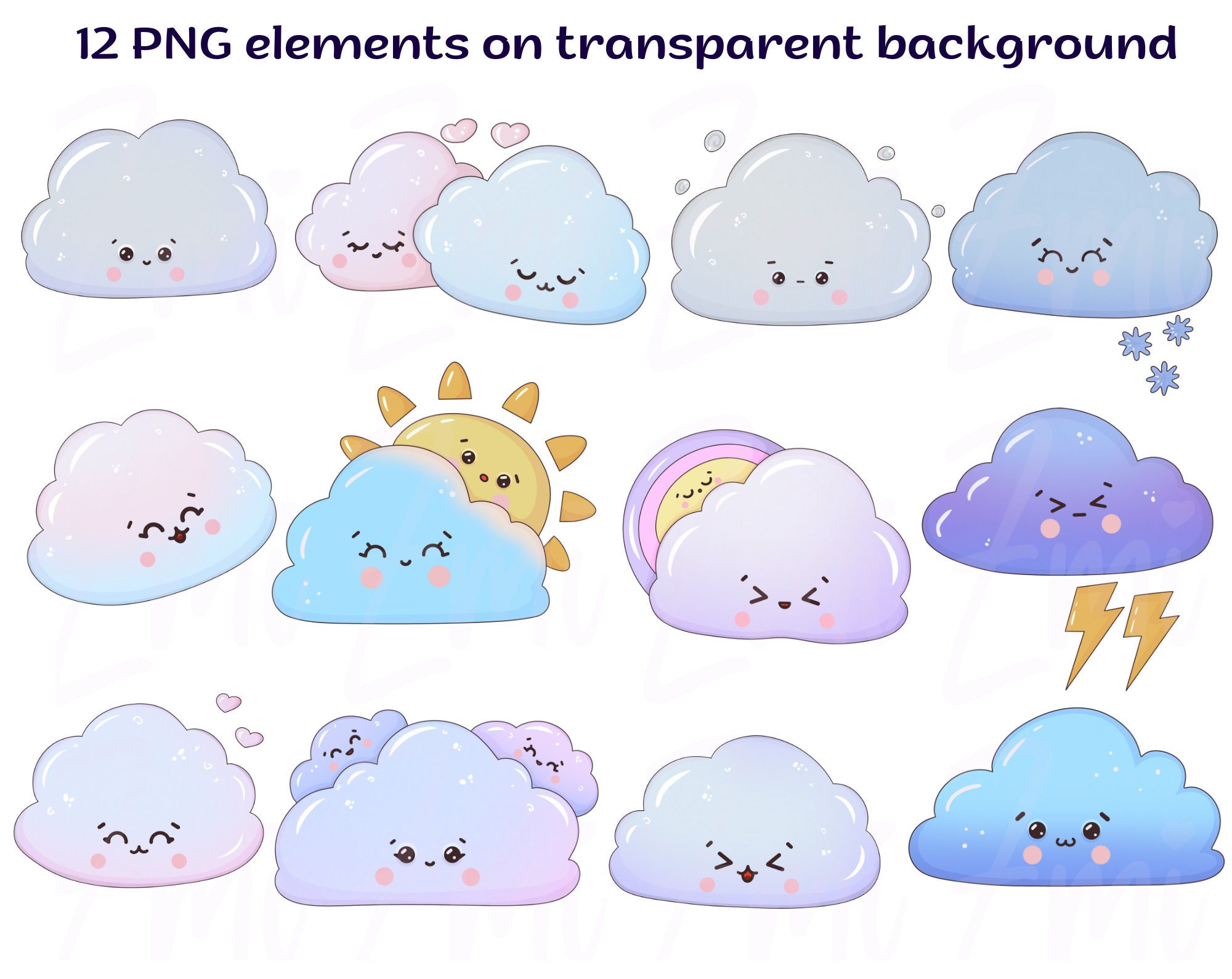 Cute Kawaii Weather Clipart, Sun Clouds Rainbow PNG, Blue Cloud Image ...
