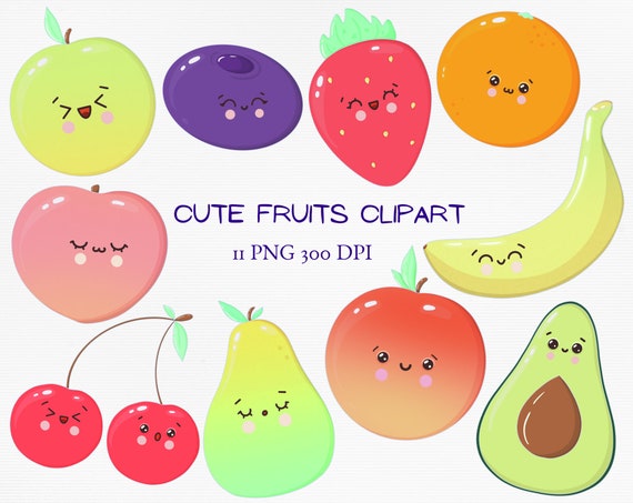 Kawaii Cute Fruit Clipart Cherry Png Banana Strawberry - Etsy