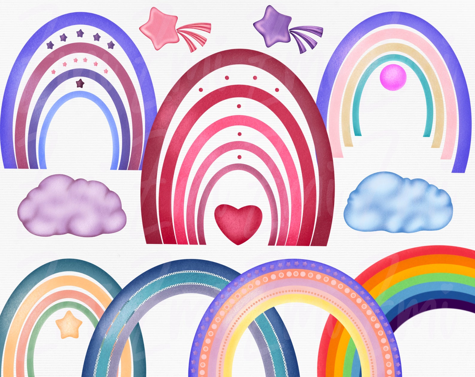 Rainbow Clipart, Boho Clouds PNG, Stars, Rainbows, Celestial Hand Drawn ...