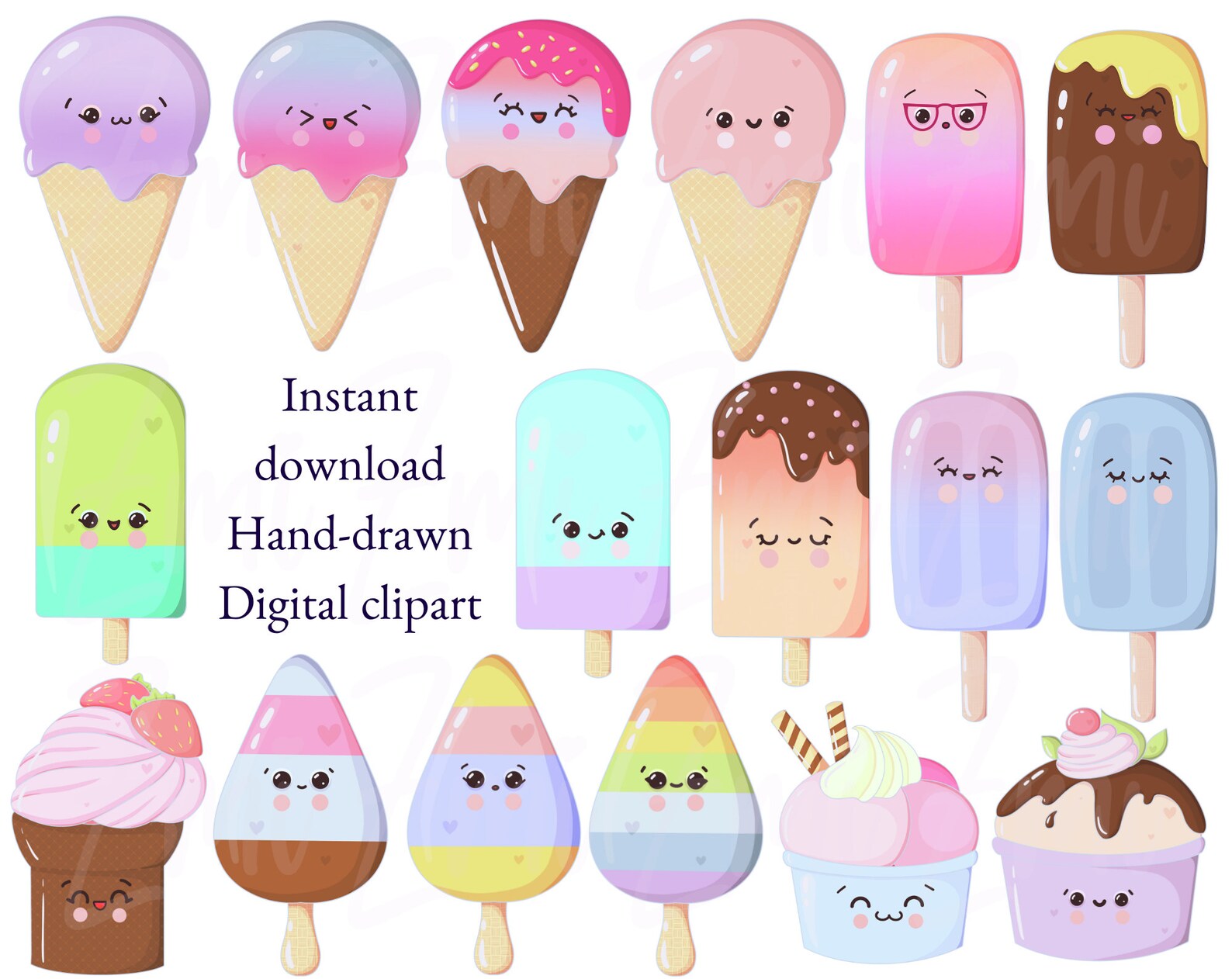 Ice Cream Cone Png Clipart Set, Kawaii Popsicle, Cute Printable, Summer ...