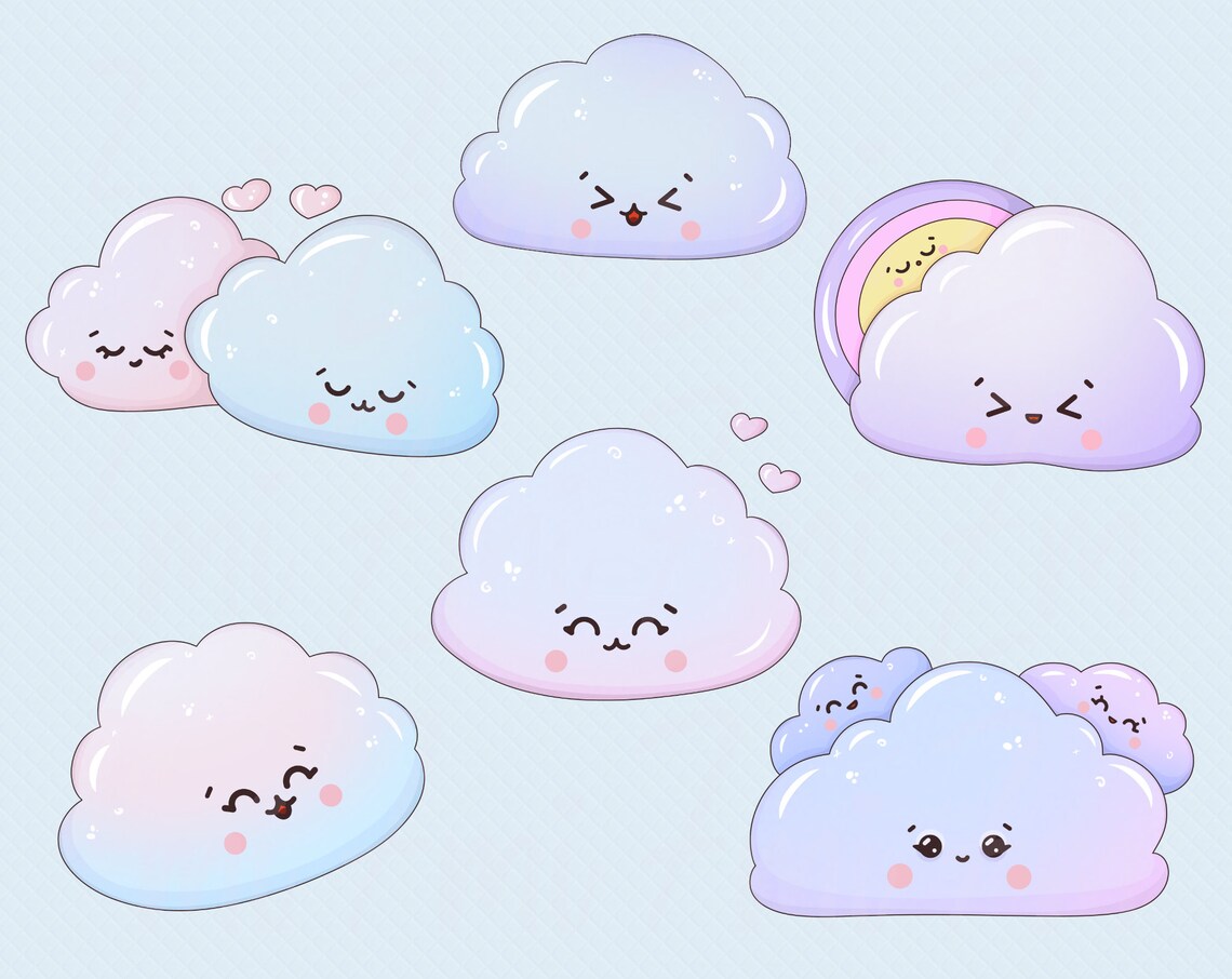 Cute Kawaii Weather Clipart, Sun Clouds Rainbow PNG, Blue Cloud Image ...