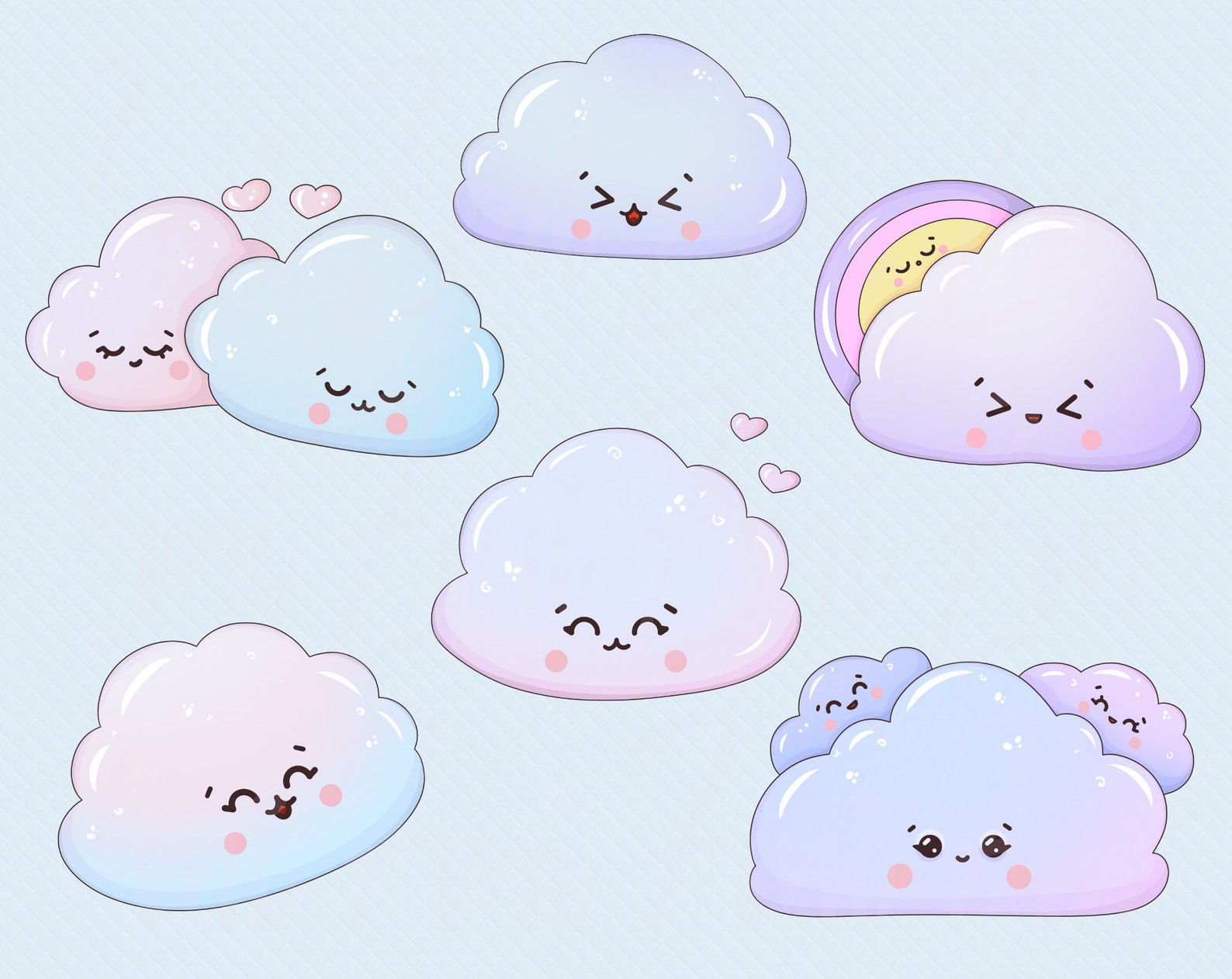 Cute Kawaii Weather Clipart, Sun Clouds Rainbow PNG, Blue Cloud Image ...