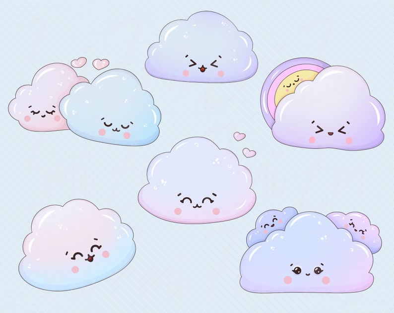 Cute Kawaii Weather Clipart, Sun Clouds Rainbow PNG, Blue Cloud Image ...