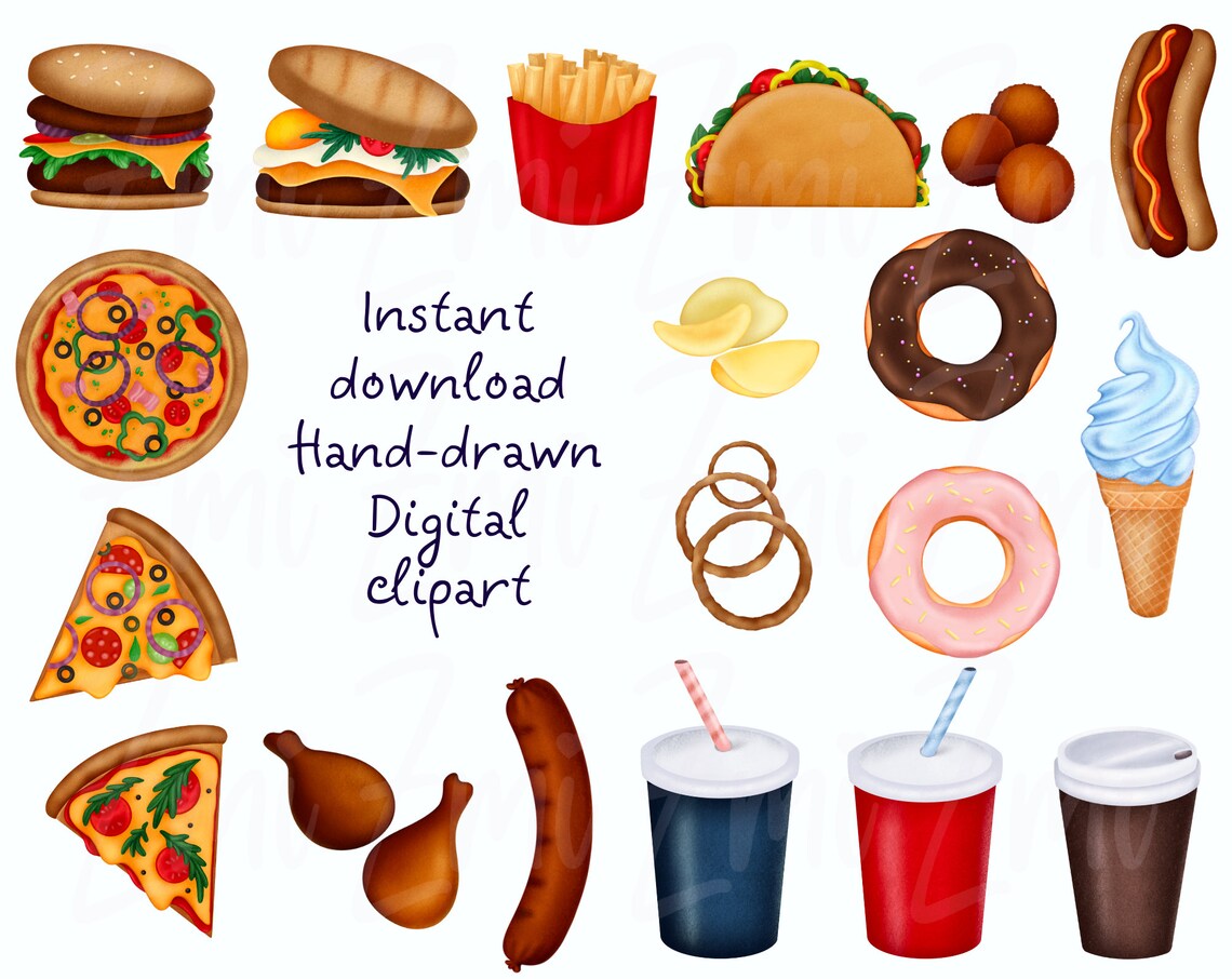 Fast Food Clipart Junk Food Clipart Pizza Hot Dog Burger - Etsy