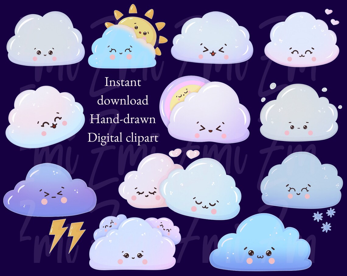 Cute Kawaii Weather Clipart, Sun Clouds Rainbow PNG, Blue Cloud Image ...
