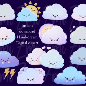 Cute Kawaii Weather Clipart, Sun Clouds Rainbow PNG, Blue Cloud Image ...