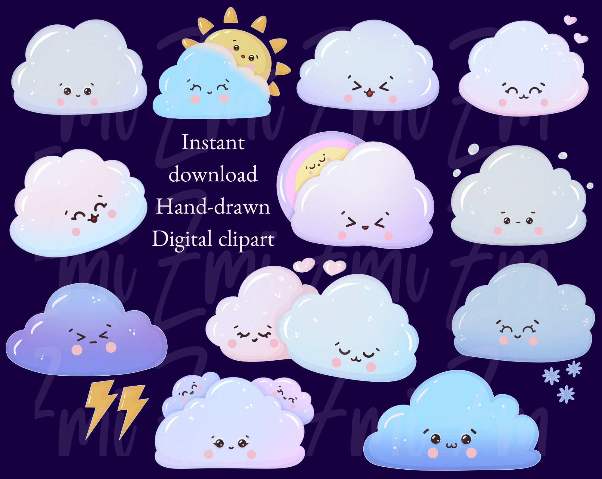 Cute Kawaii Weather Clipart, Sun Clouds Rainbow PNG, Blue Cloud Image ...