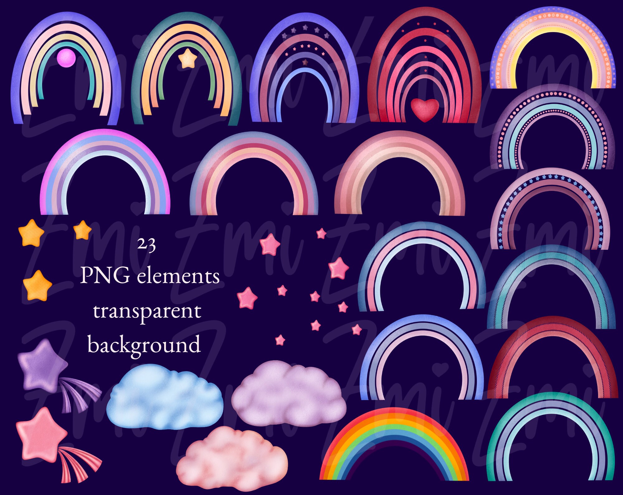 Rainbow Clipart, Boho Clouds PNG, Stars, Rainbows, Celestial Hand Drawn ...