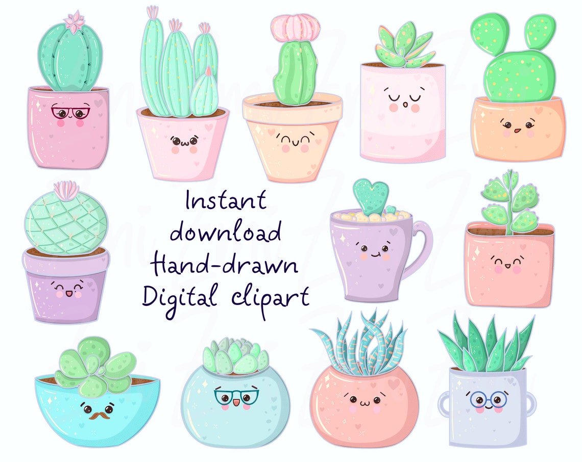 Cactus Clipart Kawaii Clipart Succulent Clipart Instant - Etsy