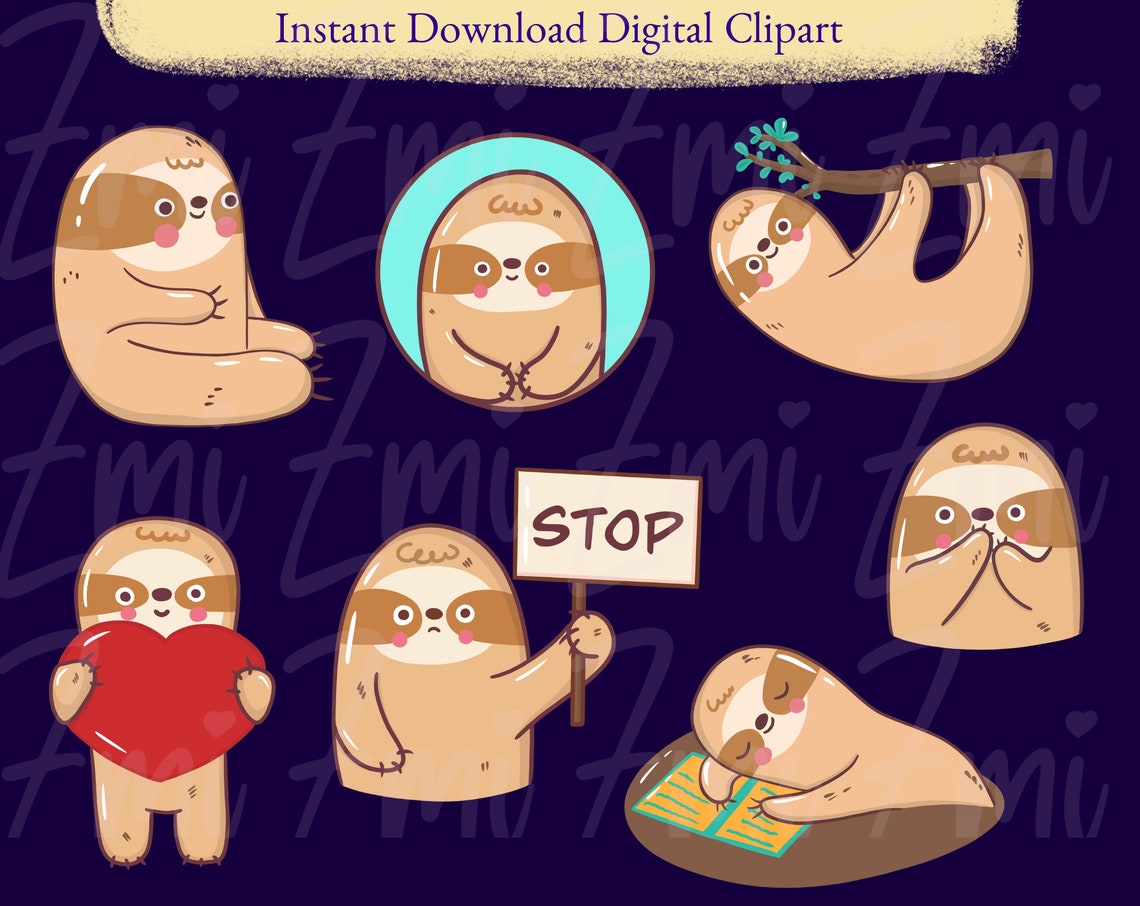 Cute Sloth Clipart Set Printable PNG Files Funny Kawaii Doodle Animal ...