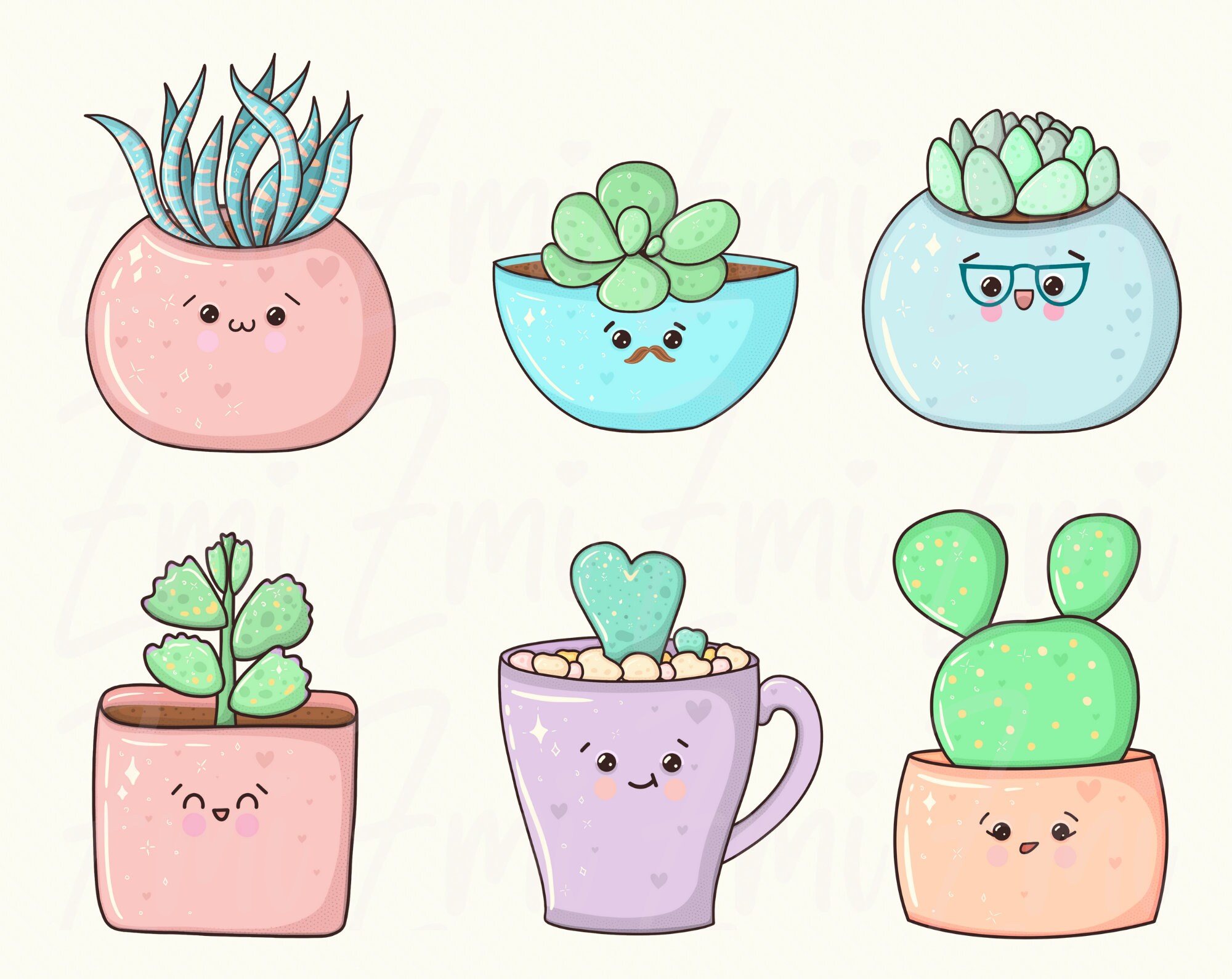 Cute Kawaii Character Succulent Clipart, Cactus Plant Png, Doodle Home ...