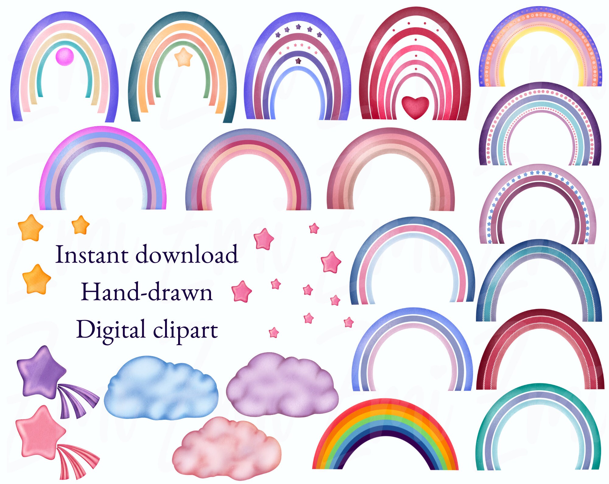 Rainbow Clipart, Boho Clouds PNG, Stars, Rainbows, Celestial Hand Drawn ...