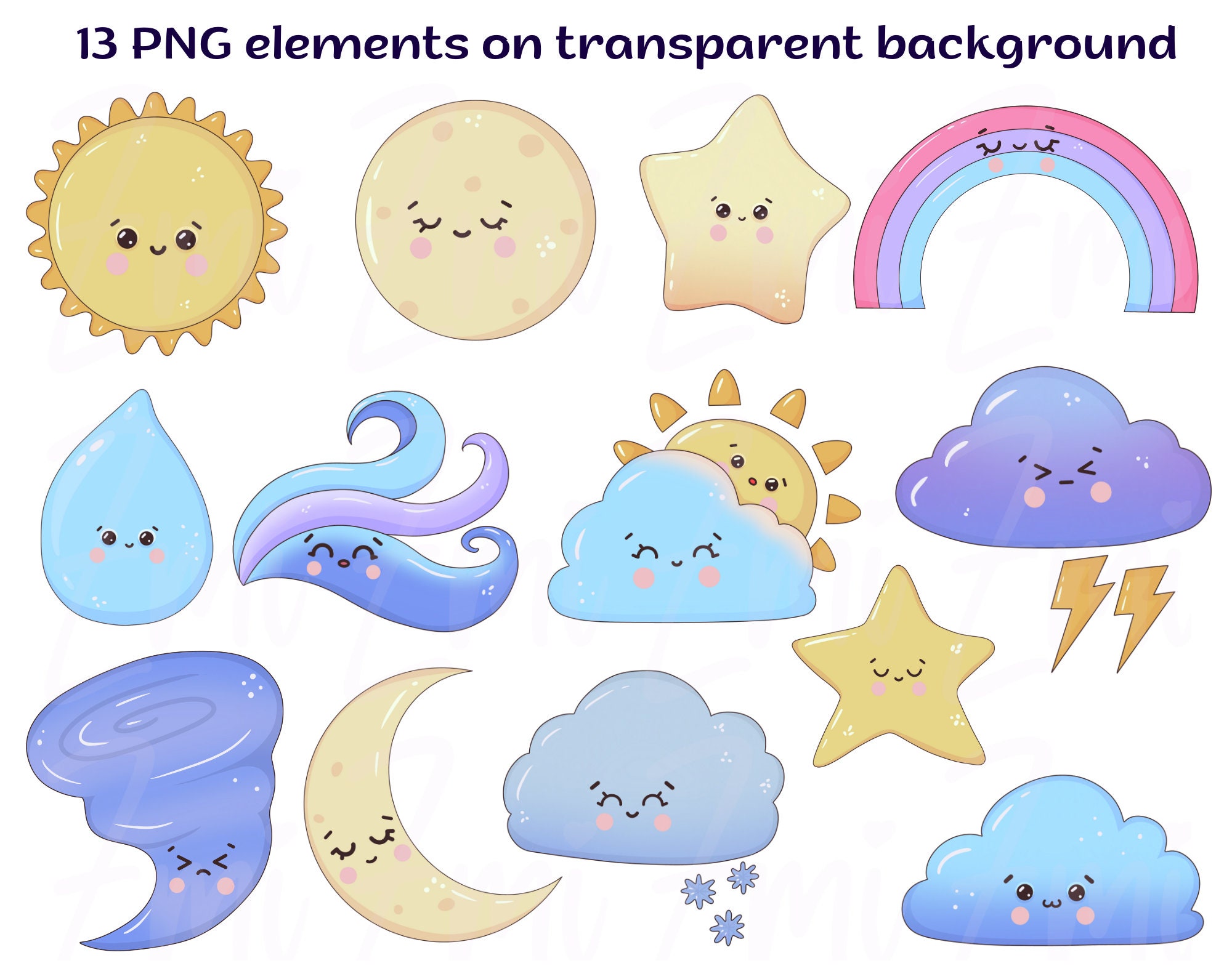 Cute Kawaii Weather Clipart, Sun Clouds Rainbow PNG, Moon Stars Image ...