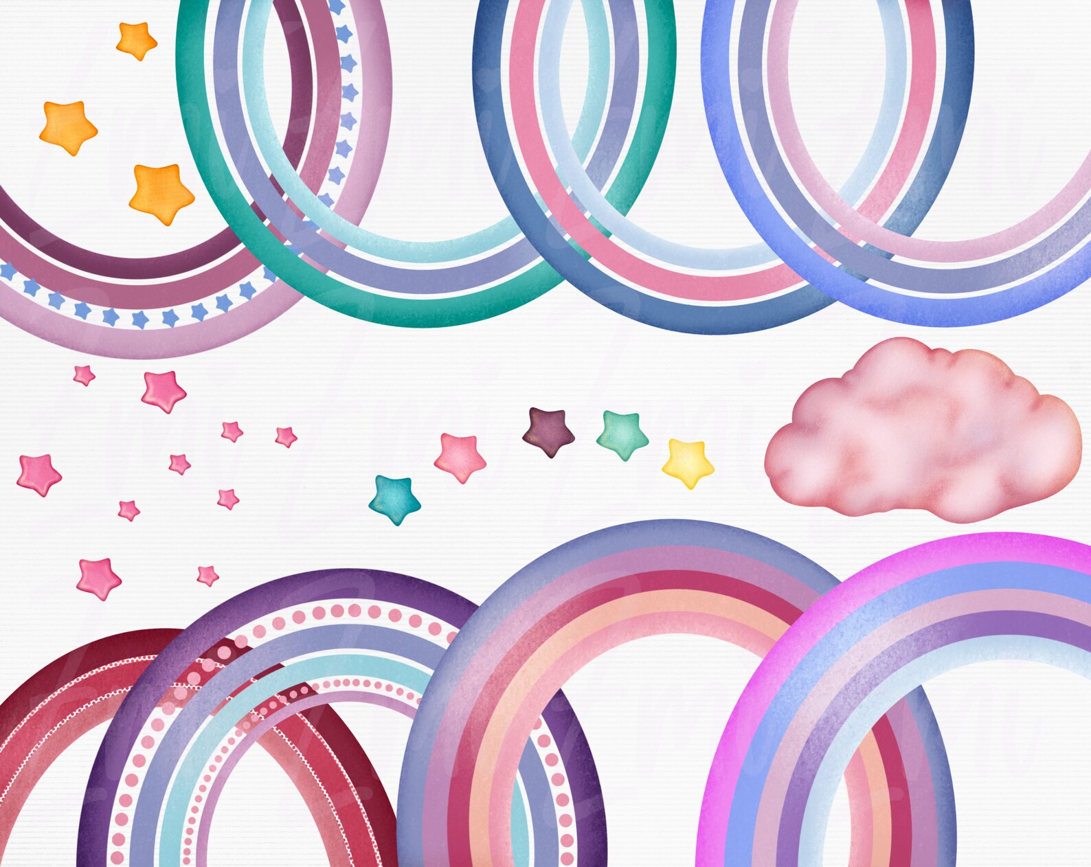 Rainbow Clipart, Boho Clouds PNG, Stars, Rainbows, Celestial Hand Drawn Digital Art, Colorful ...