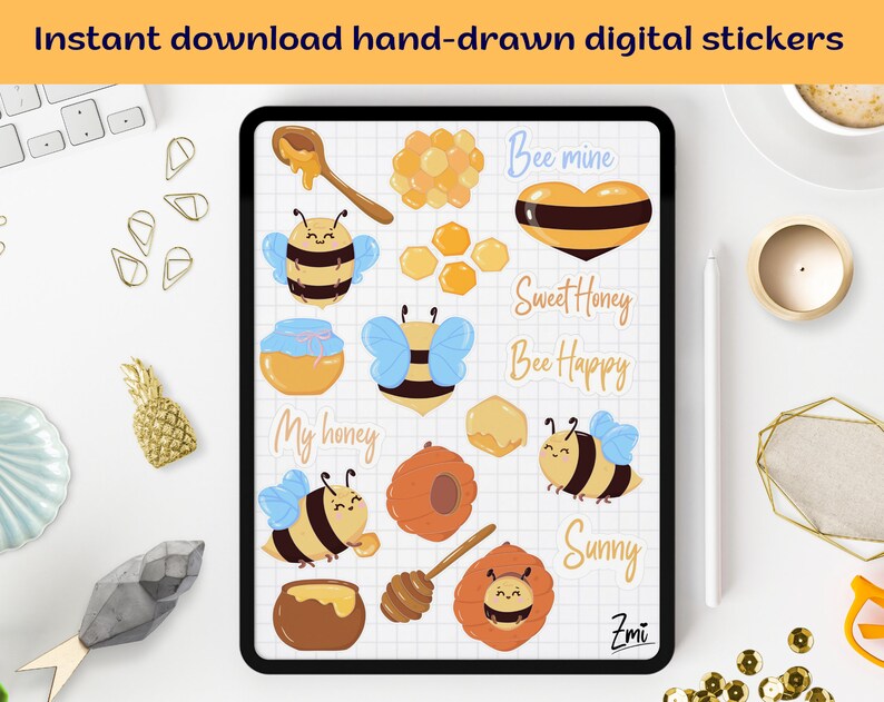 Honey Bee Digital Sticker Pack, Cute Bee Precropped Goodnotes ...