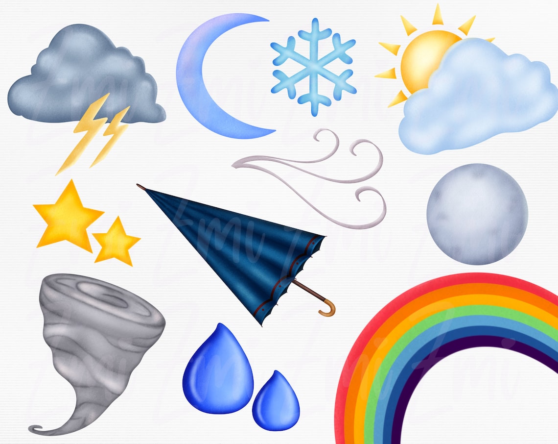 Weather Clipart, Sun Clipart, Clouds PNG, Seasons Graphics, Rainbow ...
