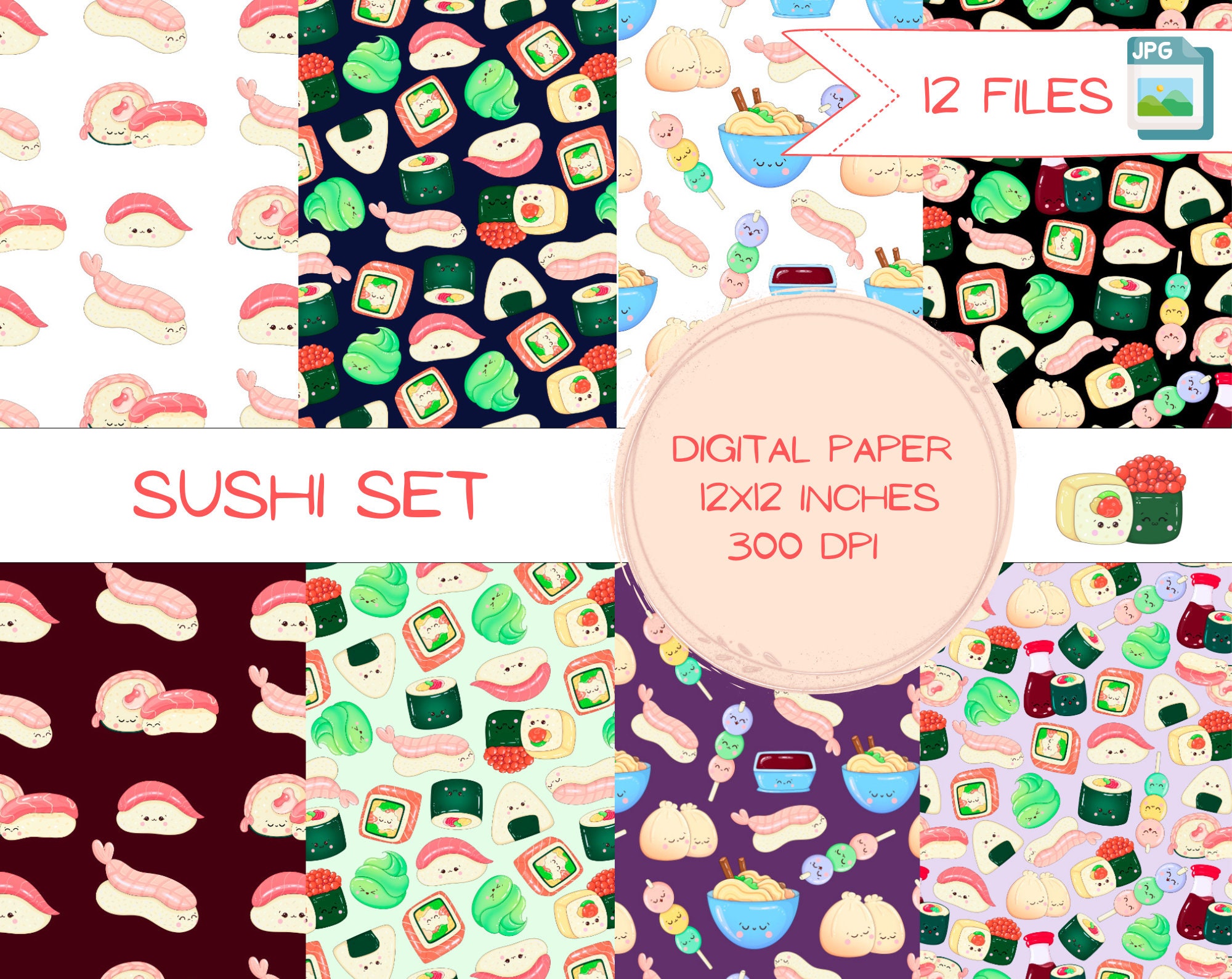 Cute Kawaii Sushi Digital Paper Set Kawaii Seamless Pattern Cute Food ...