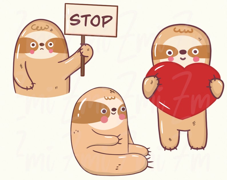 Cute Kawaii Sloth Clipart, Character Animals Png, Doodle Cartoon Sloth ...