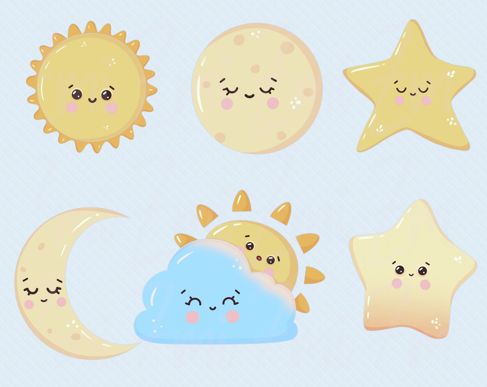 Cute Kawaii Weather Clipart, Sun Clouds Rainbow PNG, Moon Stars Image ...