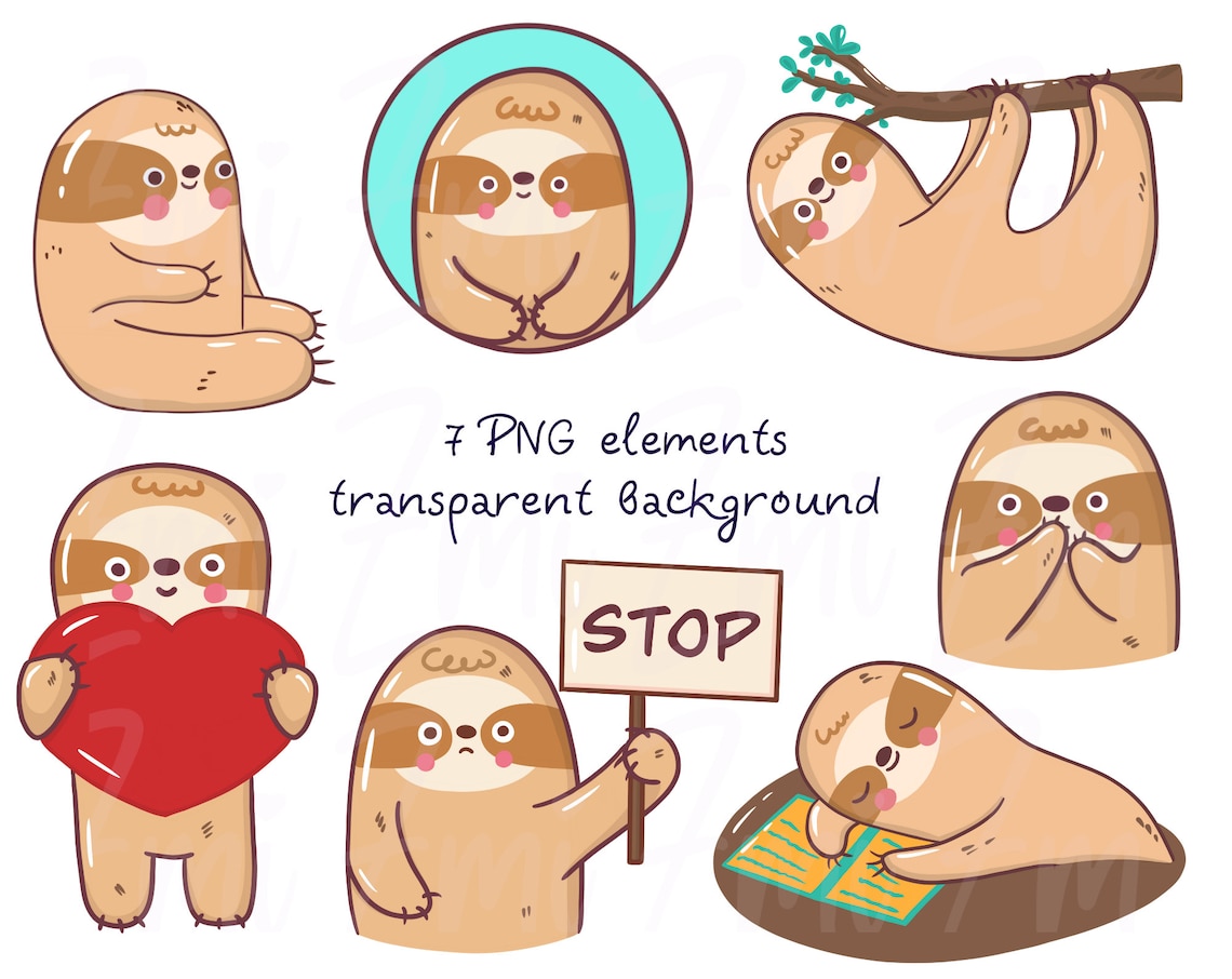 Cute Kawaii Sloth Clipart, Character Animals Png, Doodle Cartoon Sloth ...