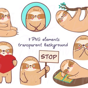 Cute Kawaii Sloth Clipart, Character Animals Png, Doodle Cartoon Sloth ...