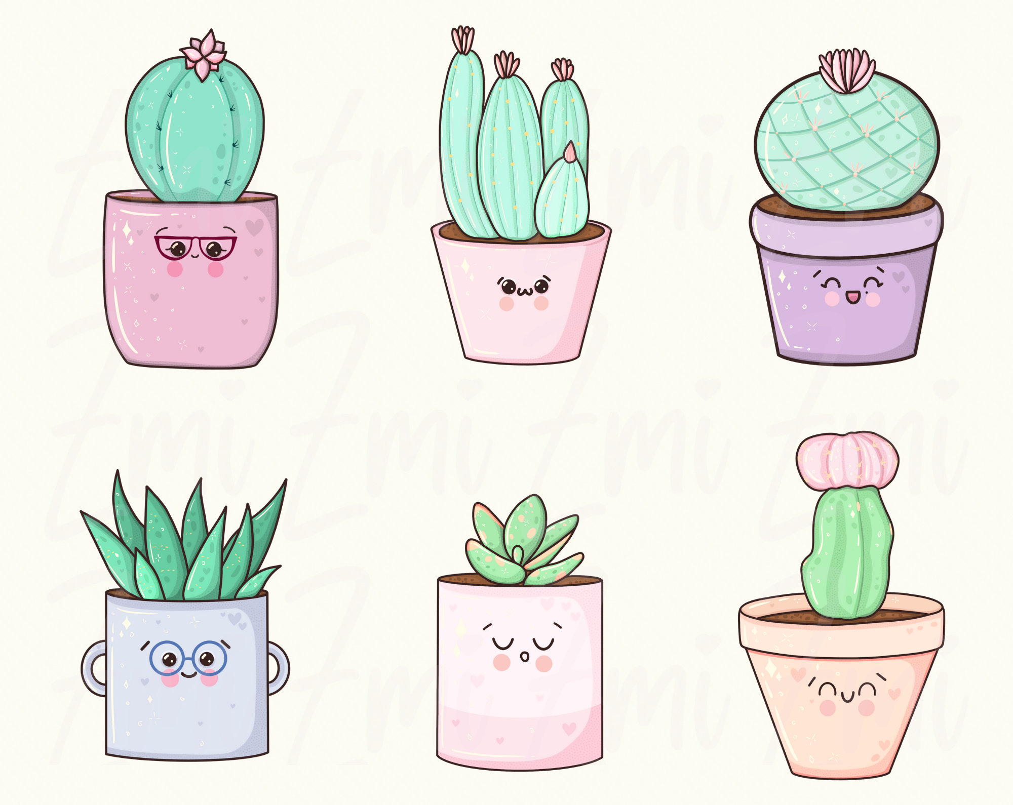 Cute Kawaii Character Succulent Clipart, Cactus Plant Png, Doodle Home ...