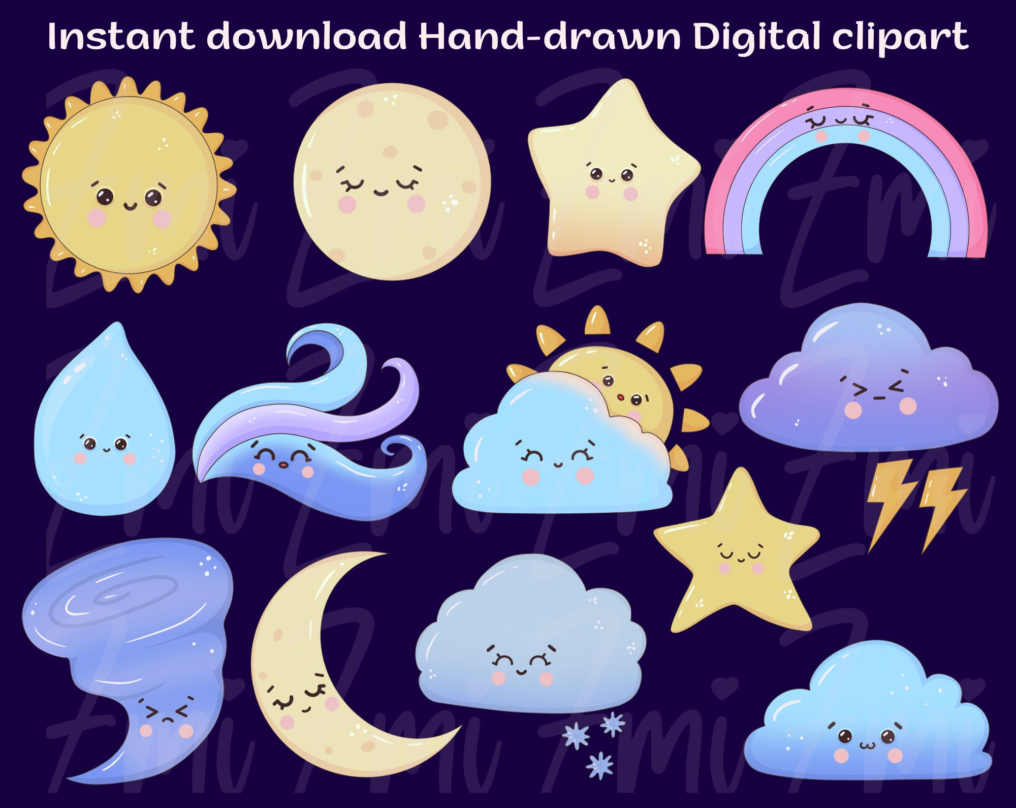 Cute Kawaii Weather Clipart, Sun Clouds Rainbow PNG, Moon Stars Image ...