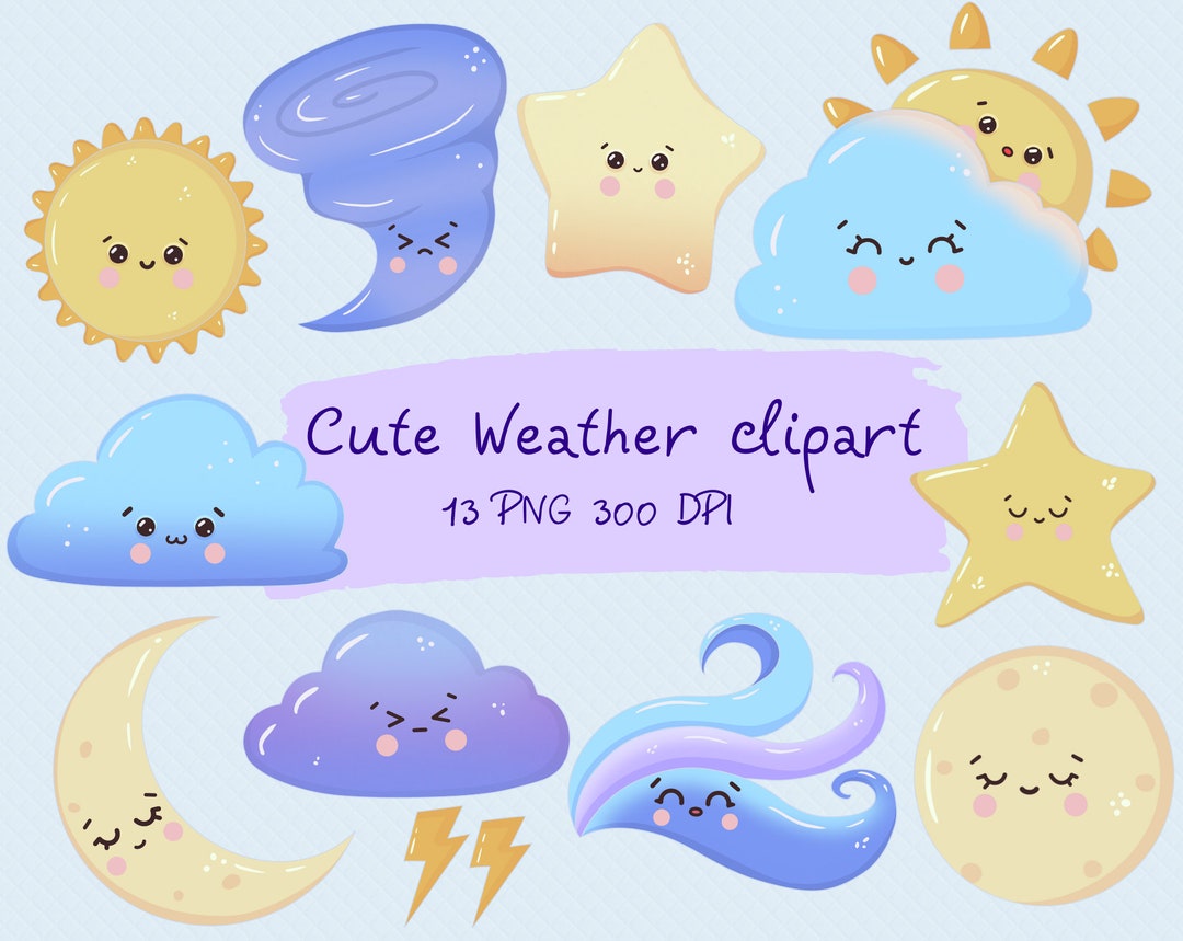 Cute Kawaii Weather Clipart, Sun Clouds Rainbow PNG, Moon Stars Image ...