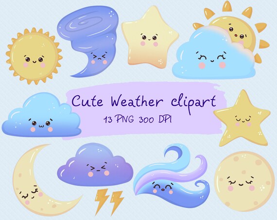Cute Kawaii Weather Clipart Sun Clouds Rainbow PNG Moon - Etsy