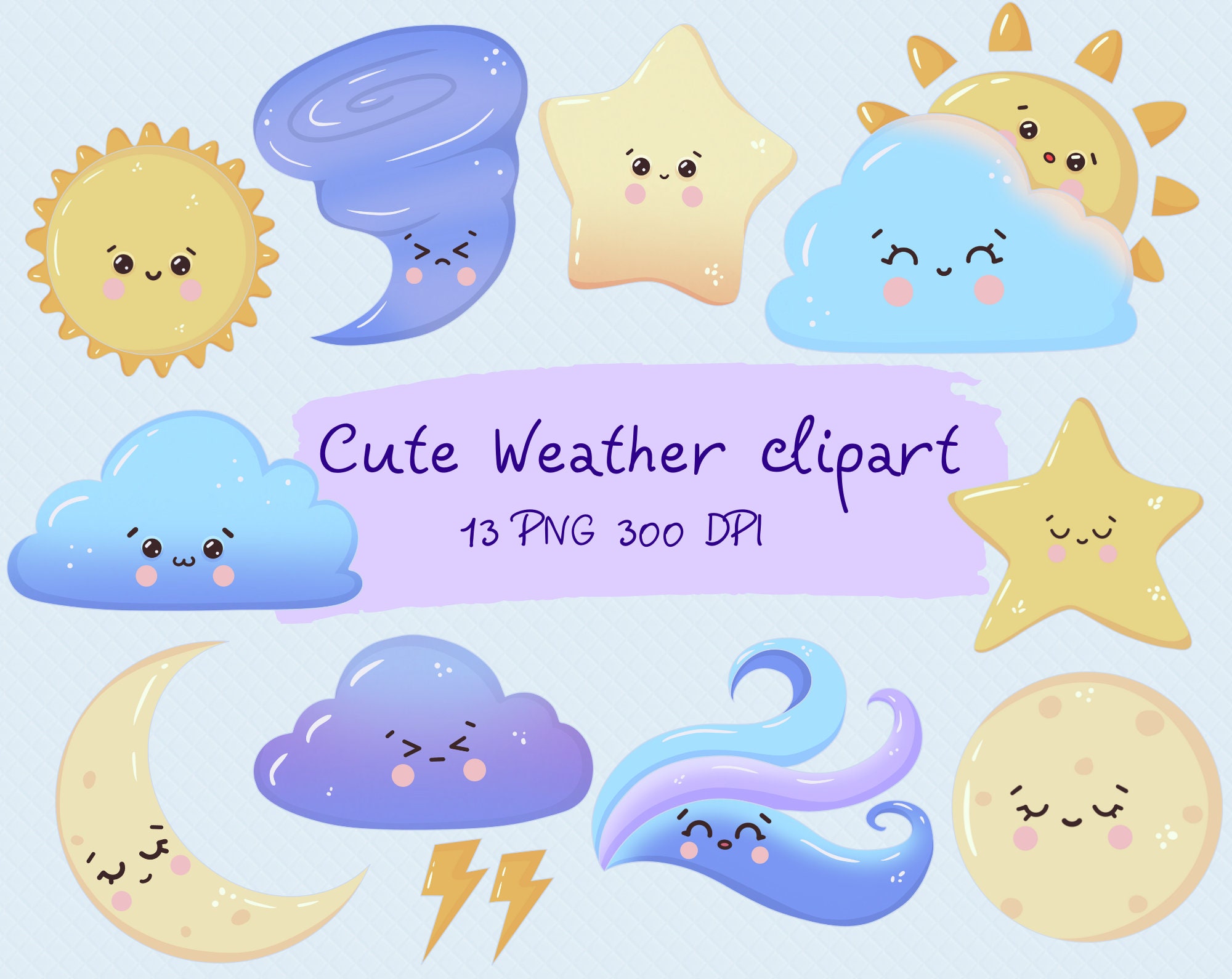 Cute Kawaii Weather Clipart, Sun Clouds Rainbow PNG, Moon Stars Image ...