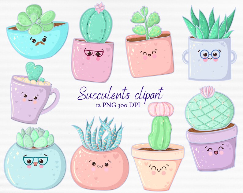 Kawaii Cactus Clipart PNG | Printable Succulent Clipart Bundle ...