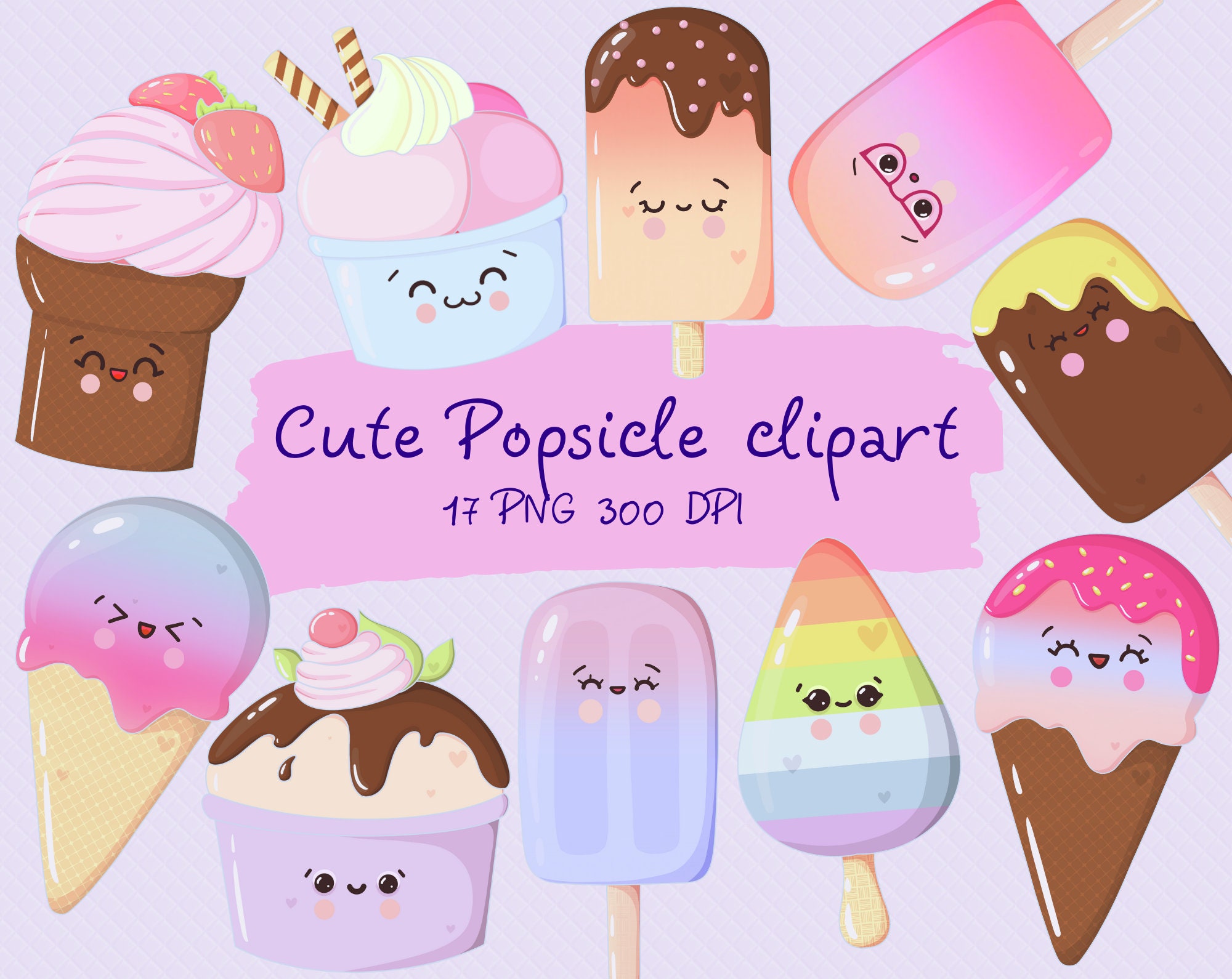 Ice Cream Cone Png Clipart Set Kawaii Popsicle Cute | Etsy UK