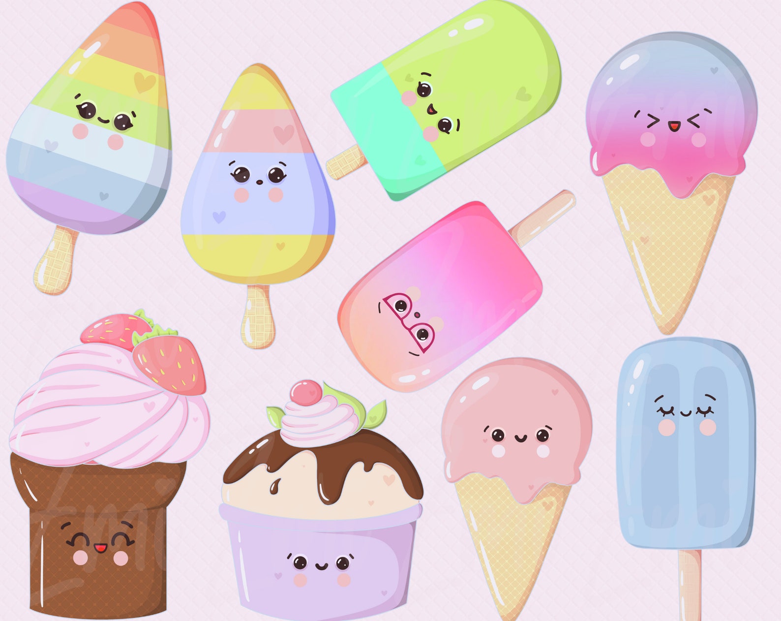 Ice Cream Cone Png Clipart Set Kawaii Popsicle Cute | Etsy UK