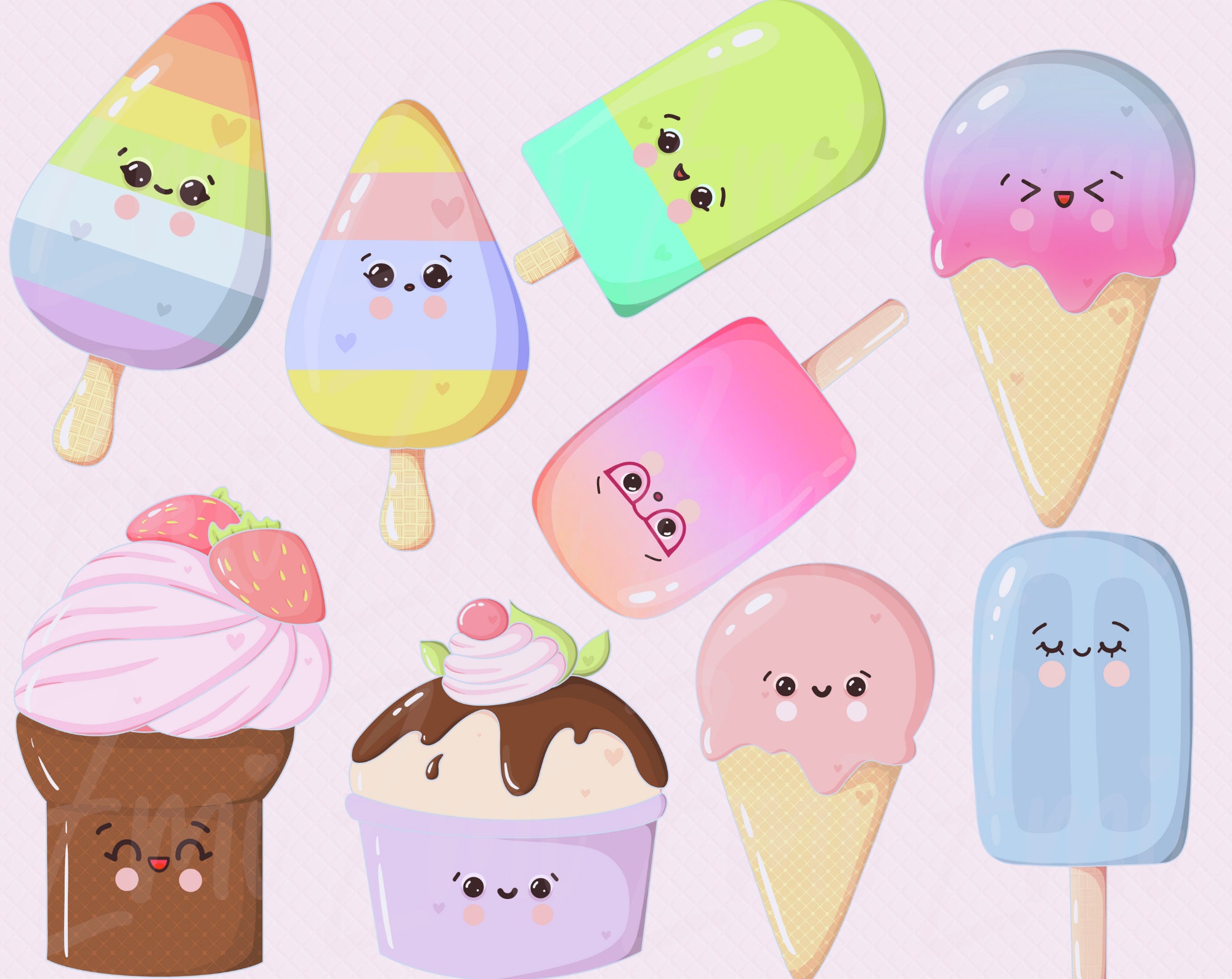 Ice Cream Cone Png Clipart Set Kawaii Popsicle Cute | Etsy UK